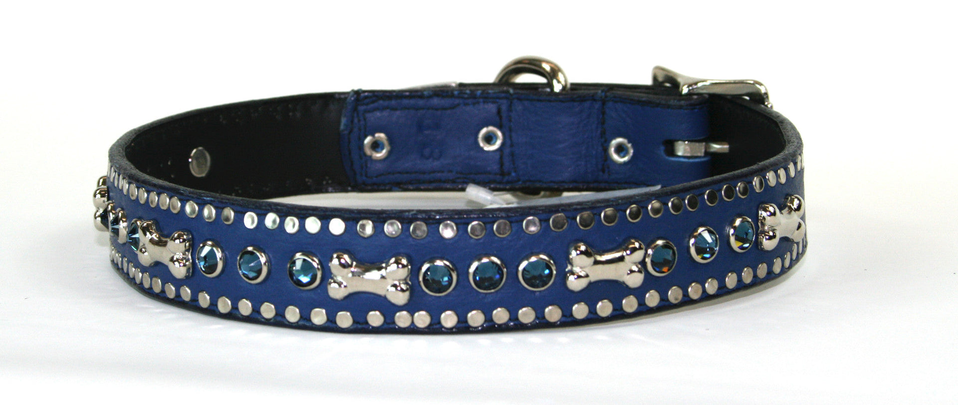 Blue leather with Bones and Crystals 1 Inch – Rock Star Dog Collars